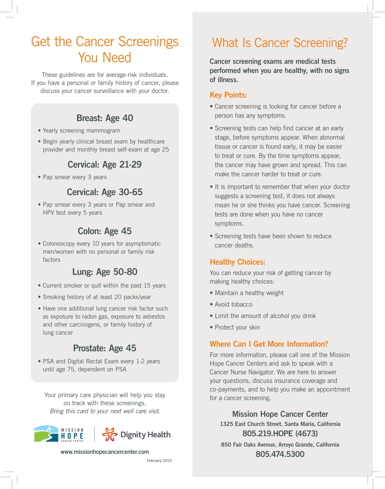 Cancer Screening Mission Hope Cancer Center Santa Maria Arroyo Grande